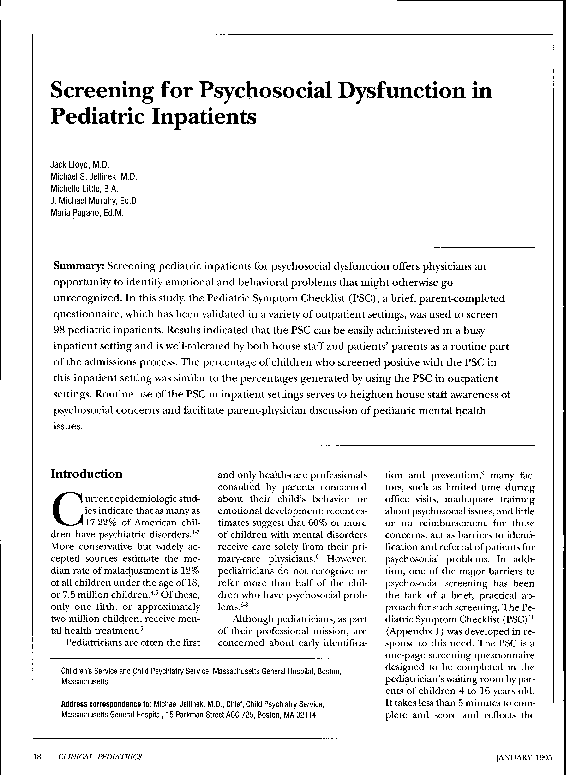 (PDF) Screening for Psychosocial Dysfunction In Pediatric Practice: A ...