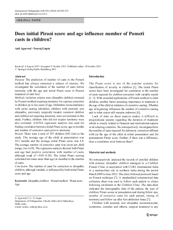 (PDF) Does initial Pirani score and age influence number of Ponseti ...