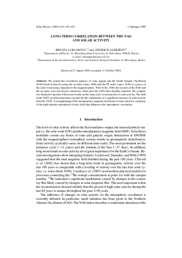 (PDF) Long-Term Correlation Between the Nao and Solar Activity
