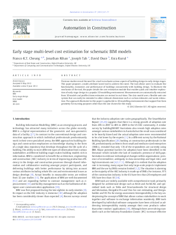 Pdf Early Stage Multi Level Cost Estimation For Schematic Bim Models