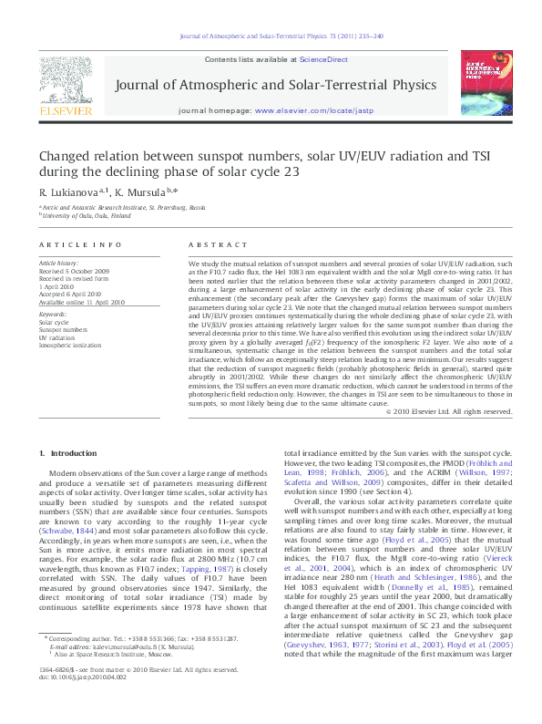 (PDF) Changed relation between sunspot numbers, solar UV/EUV radiation ...