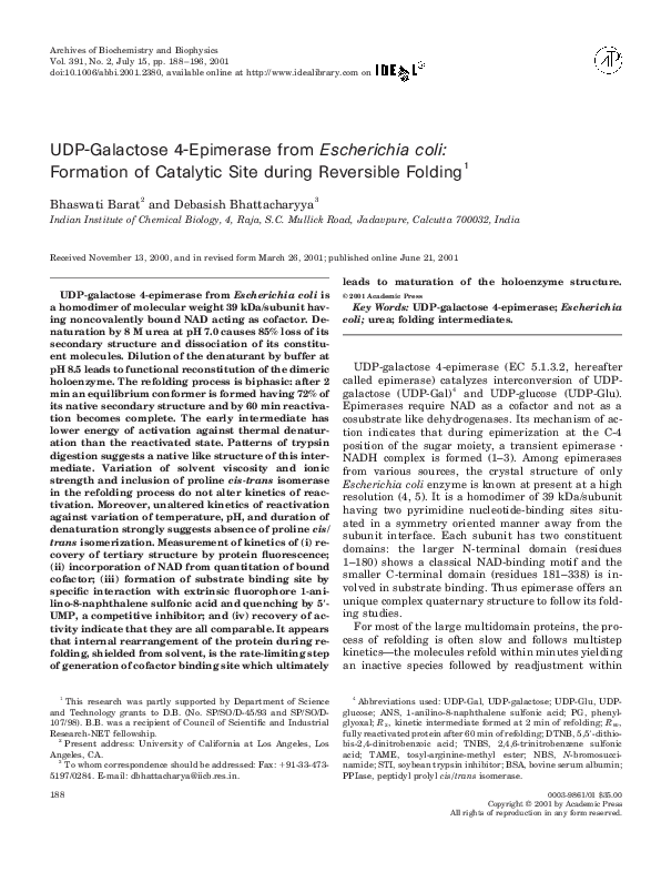 (PDF) UDP-Galactose 4-Epimerase from Escherichia coli: Formation of ...