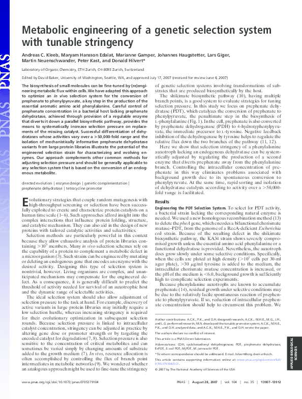 (PDF) Metabolic engineering of a genetic selection system with tunable stringency | Johannes ...