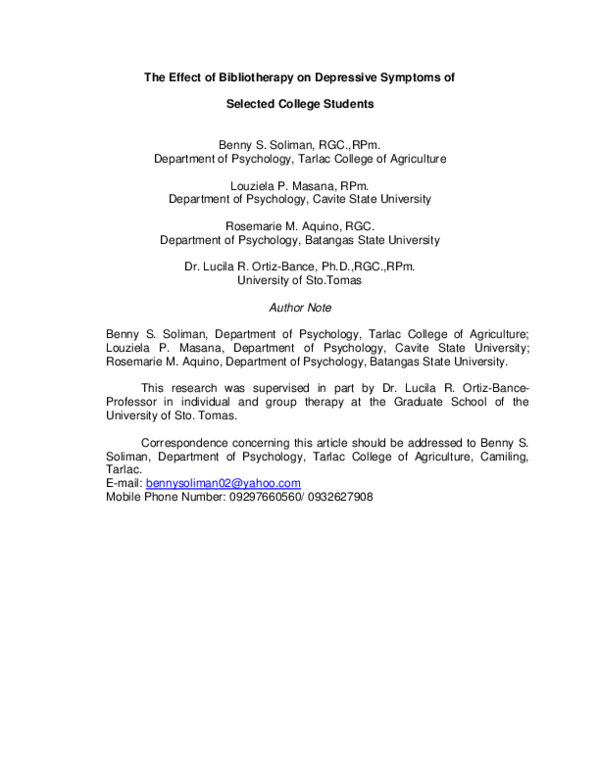 (PDF) The Effect of Bibliotherapy on Depressive Symptoms of Selected ...