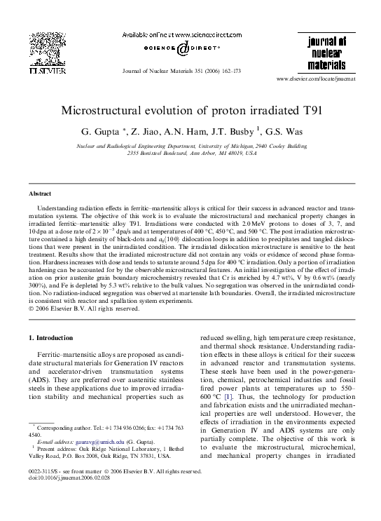 (PDF) Microstructural evolution of proton irradiated T91