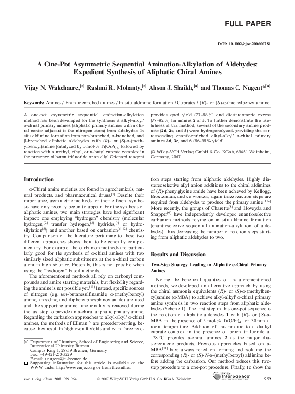 (PDF) A One-Pot Asymmetric Sequential Amination-Alkylation of Aldehydes: Expedient Synthesis of ...