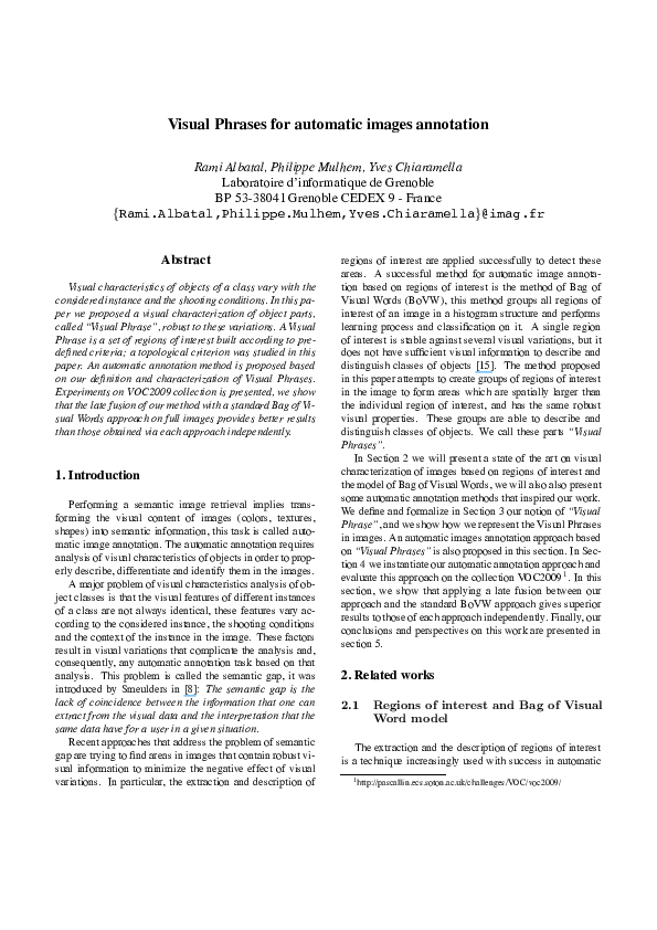 (PDF) Visual Phrases for automatic images annotation