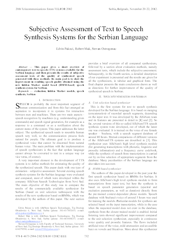 (PDF) Subjective assessment of text to speech synthesis systems for the ...