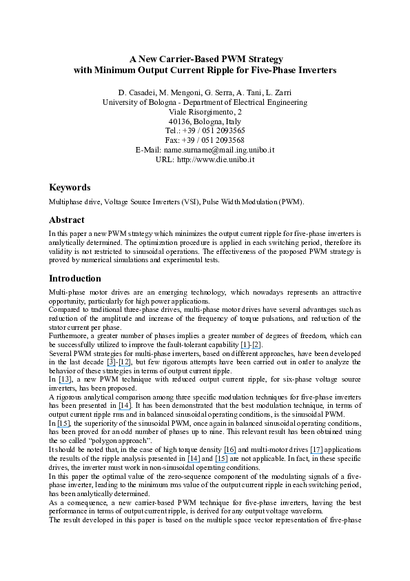 Pdf A New Carrier Based Pwm Strategy With Minimum Output Current Ripple For Five Phase Inverters