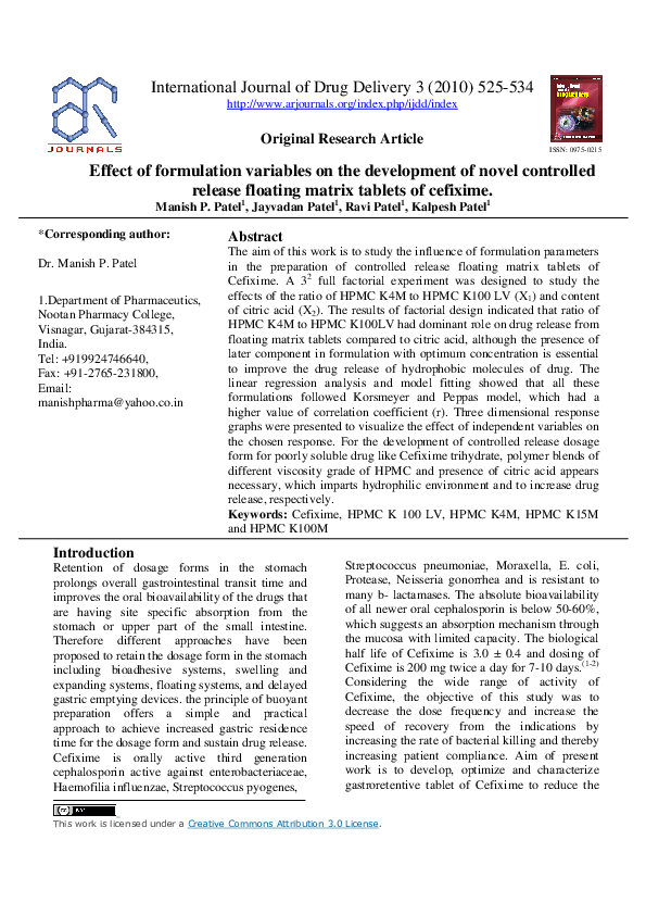 Pdf Effect Of Formulation Variables On The Development Of Novel Controlled Release Floating