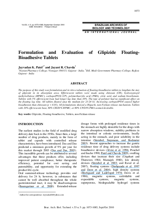 Pdf Formulation And Evaluation Of Glipizide Floating Bioadhesive Tablets
