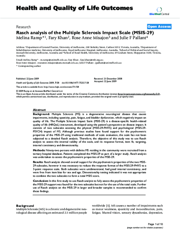 (PDF) Rasch analysis of the Multiple Sclerosis Impact Scale (MSIS-29)