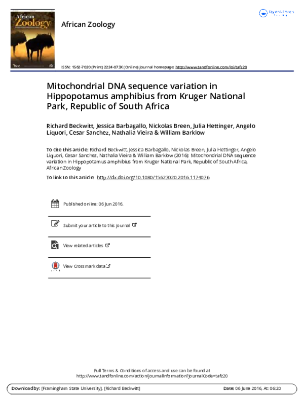 (PDF) Mitochondrial DNA sequence variation in Hippopotamus amphibius ...