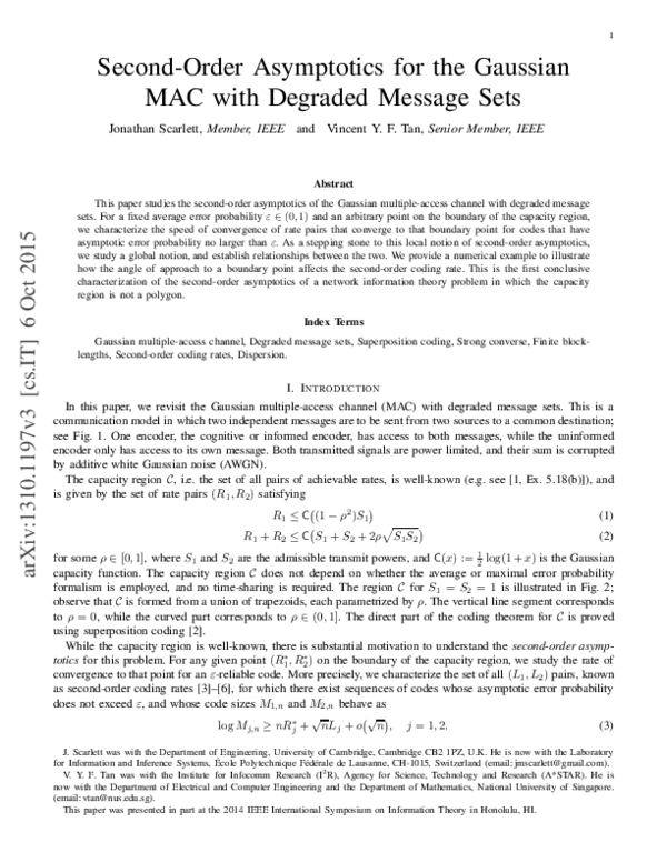 (PDF) Second-order asymptotics for the gaussian MAC with degraded message sets