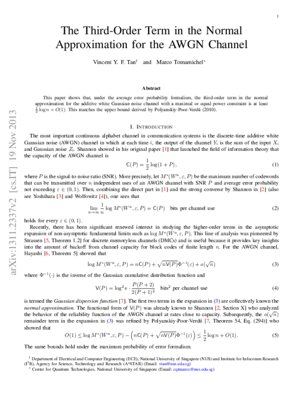 (PDF) The third-order term in the normal approximation for the AWGN channel