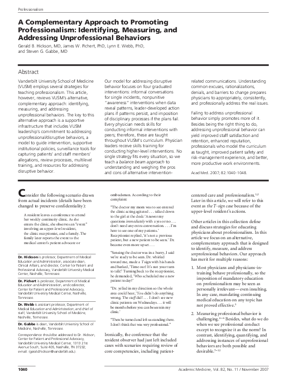 (PDF) A Complementary Approach to Promoting Professionalism ...