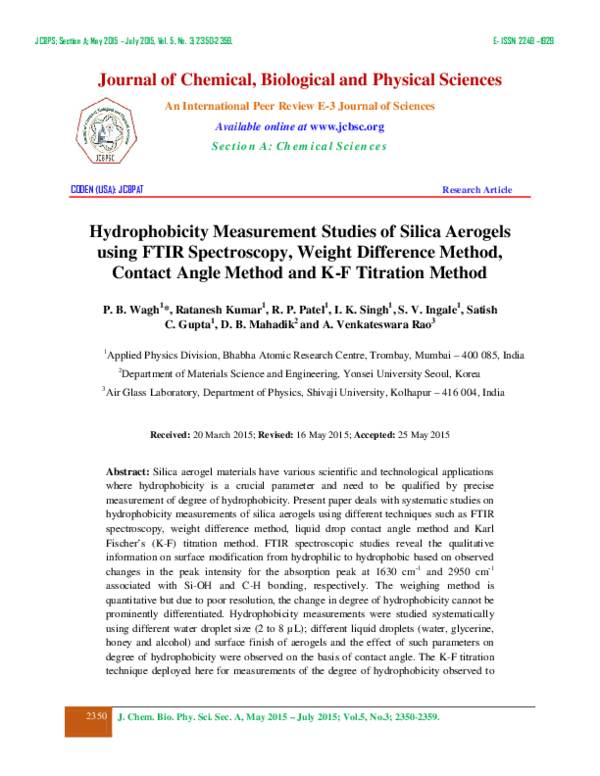 (PDF) Hydrophobicity Measurement Studies of Silica Aerogels using FTIR ...