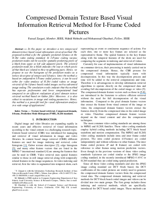(PDF) Compressed domain texture based visual information retrieval method for I-frame coded pictures