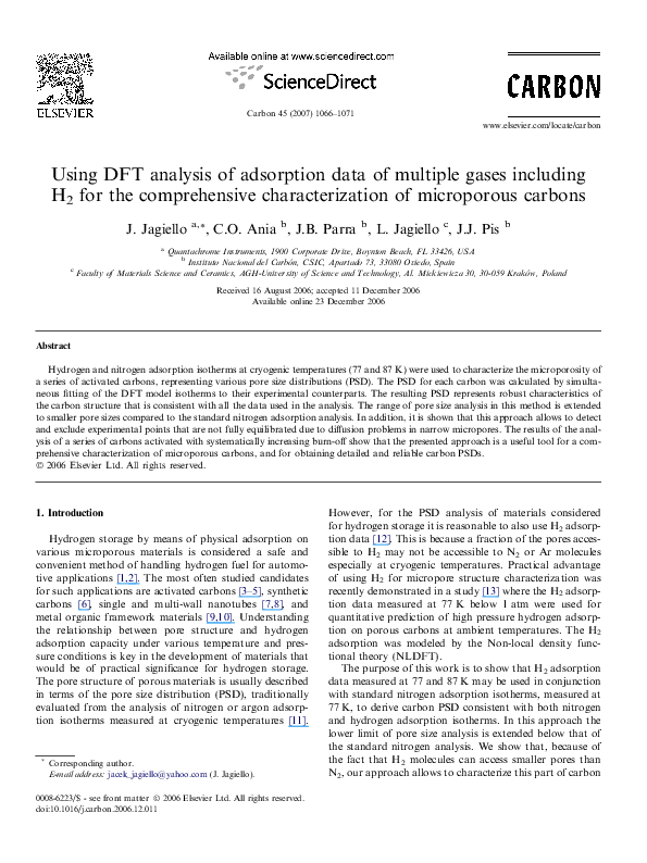 Pdf Using Dft Analysis Of Adsorption Data Of Multiple Gases Including H2 For The Comprehensive