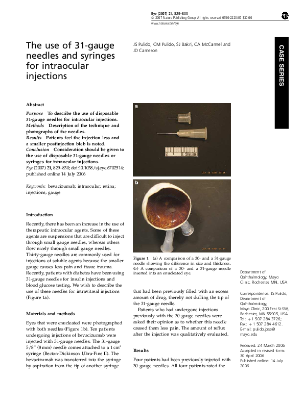 (PDF) The use of 31-gauge needles and syringes for intraocular injections