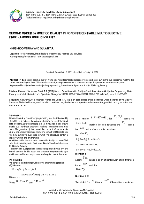 Pdf Second Order Symmetric Duality In Nondifferentiable Multiobjective Programming