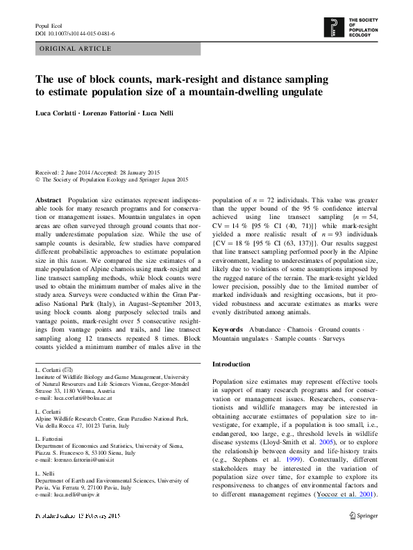 Pdf The Use Of Block Counts Mark Resight And Distance Sampling To Estimate Population Size Of