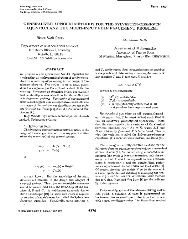 Pdf Generalized Arnoldi Methods For The Sylvester Observer Equation And The Multi Input Pole