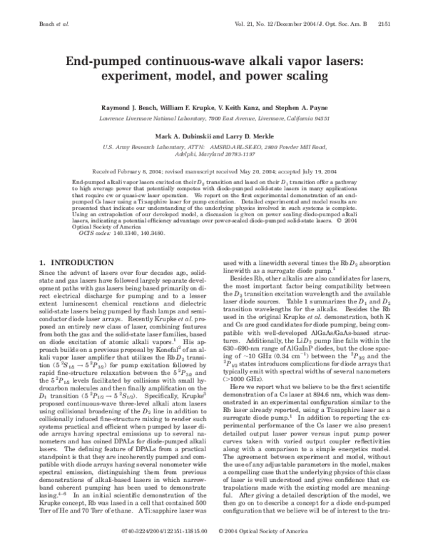 (PDF) End-pumped continuous-wave alkali vapor lasers: experiment, model, and power scaling