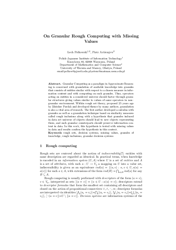 (PDF) On Granular Rough Computing with Missing Values