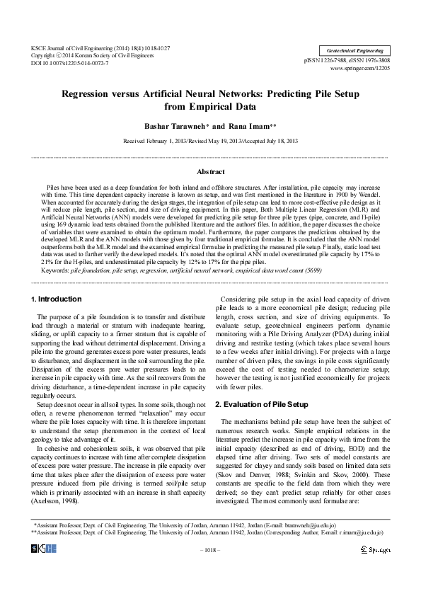 (PDF) Regression versus artificial neural networks: Predicting pile setup from empirical data