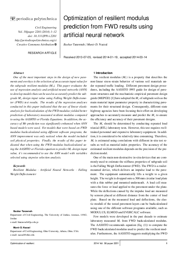 Pdf Optimization Of Resilient Modulus Prediction From Fwd Results Using Artificial Neural Network