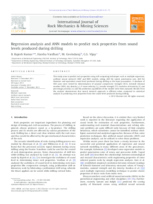 (PDF) Regression analysis and ANN models to predict rock properties ...