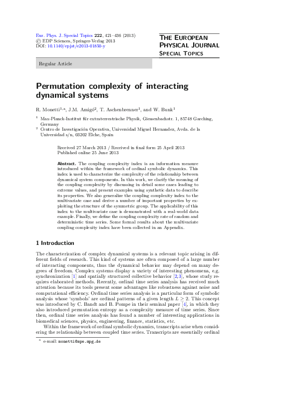 (PDF) Permutation complexity of interacting dynamical systems