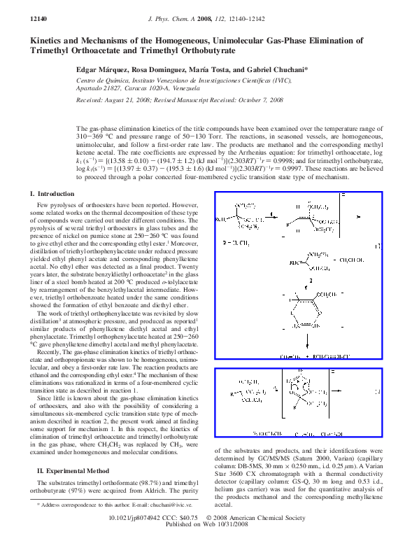 (PDF) Kinetics and Mechanisms of the Homogeneous, Unimolecular Gas-Phase Elimination of ...