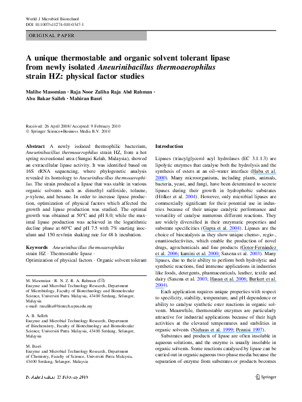 (PDF) A unique thermostable and organic solvent tolerant lipase from newly isolated ...