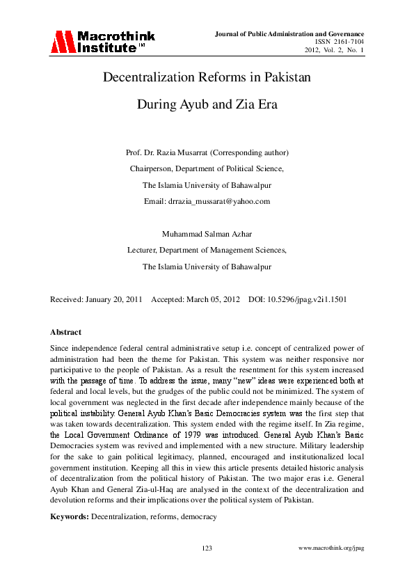 (PDF) Decentralization Reforms in Pakistan During Ayub and Zia Era