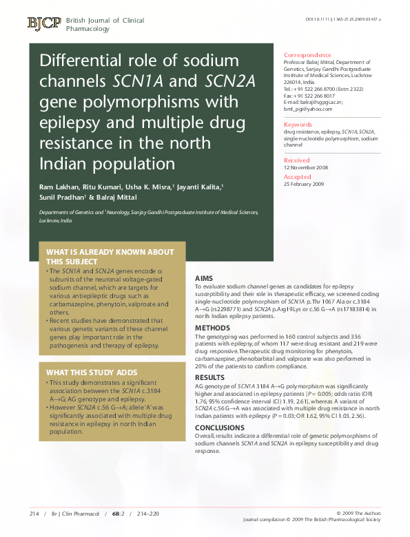 (PDF) Differential role of sodium channels SCN1A and SCN2A gene ...