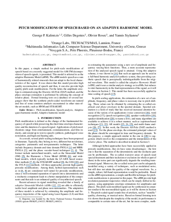 (PDF) Pitch modifications of speech based on an adaptive Harmonic Model