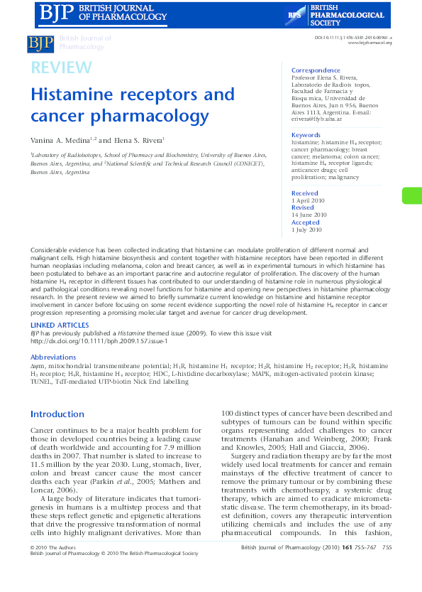 (PDF) Histamine receptors and cancer pharmacology: Histamine receptors ...