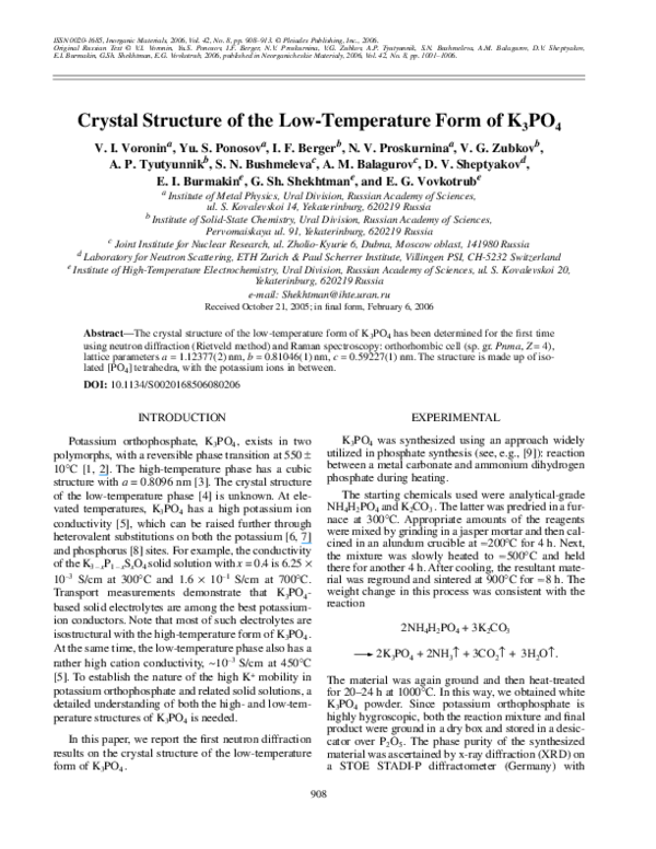 (PDF) Crystal structure of the low-temperature form of K3PO4
