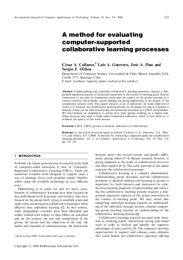 Pdf A Method For Evaluating Computer Supported Collaborative Learning Processes
