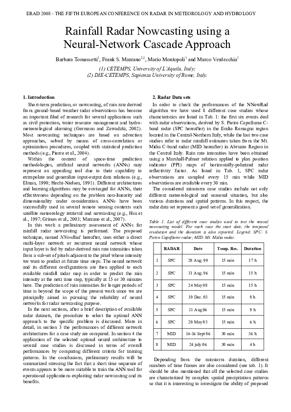 (PDF) Rainfall Radar Nowcasting using a Neural-Network Cascade Approach
