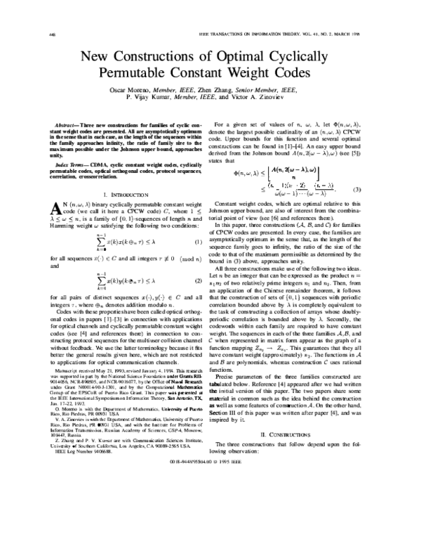 (PDF) New constructions of optimal cyclically permutable constant weight codes