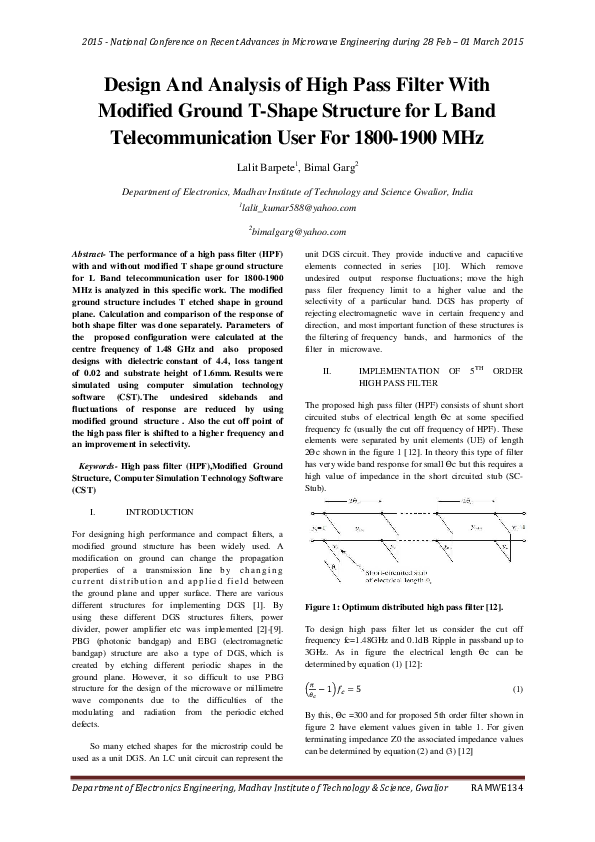 (PDF) Design And Analysis of High Pass Filter With Modified Ground T ...