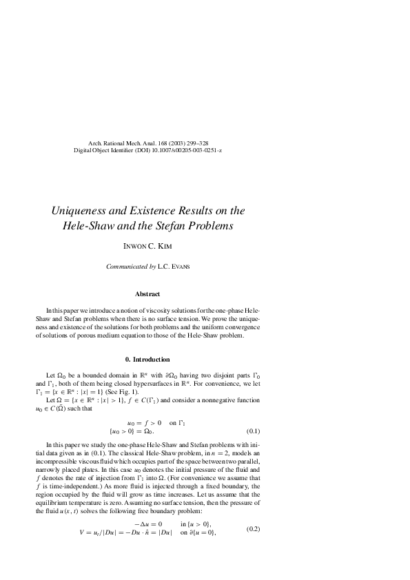 (PDF) Uniqueness and Existence Results on the Hele-Shaw and the Stefan Problems