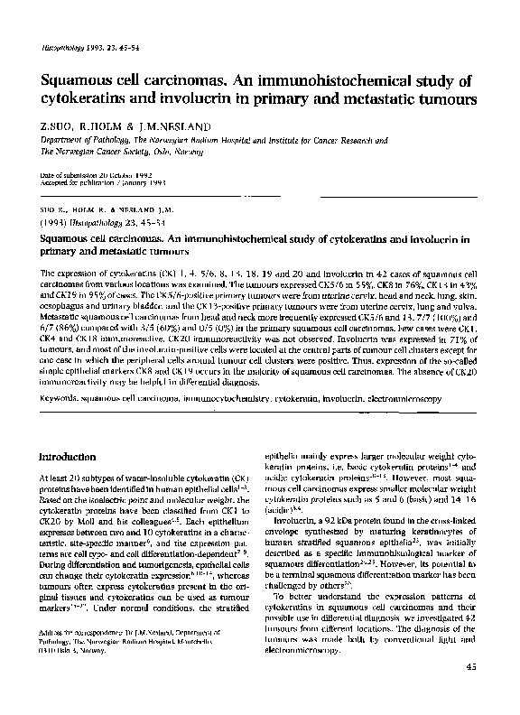 (PDF) Squamous cell carcinomas. An immunohistochemical study of cytokeratins and involucrin in ...