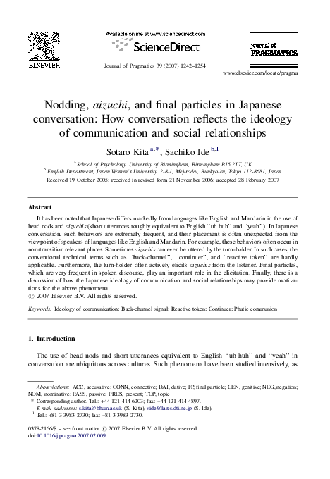 (PDF) Nodding, aizuchi, and final particles in Japanese conversation ...