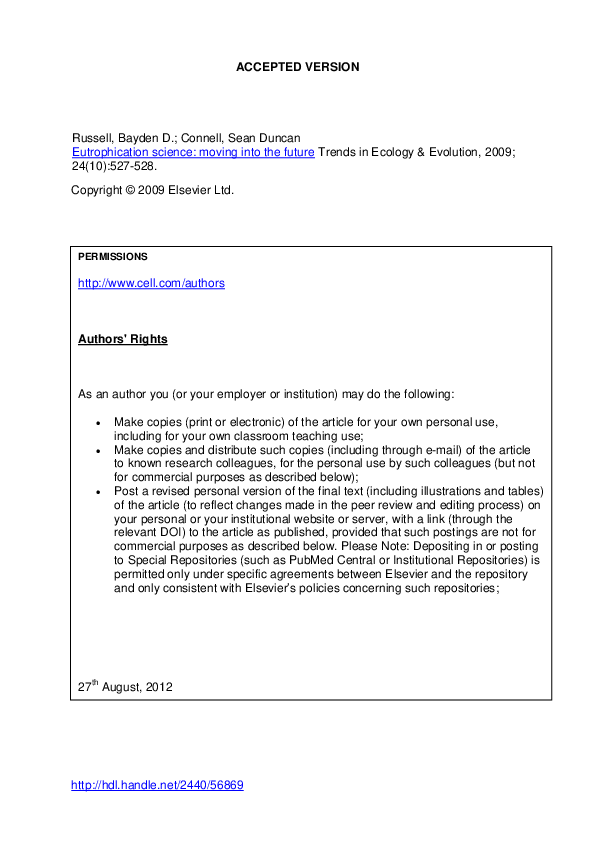 (PDF) Eutrophication science: moving into the future