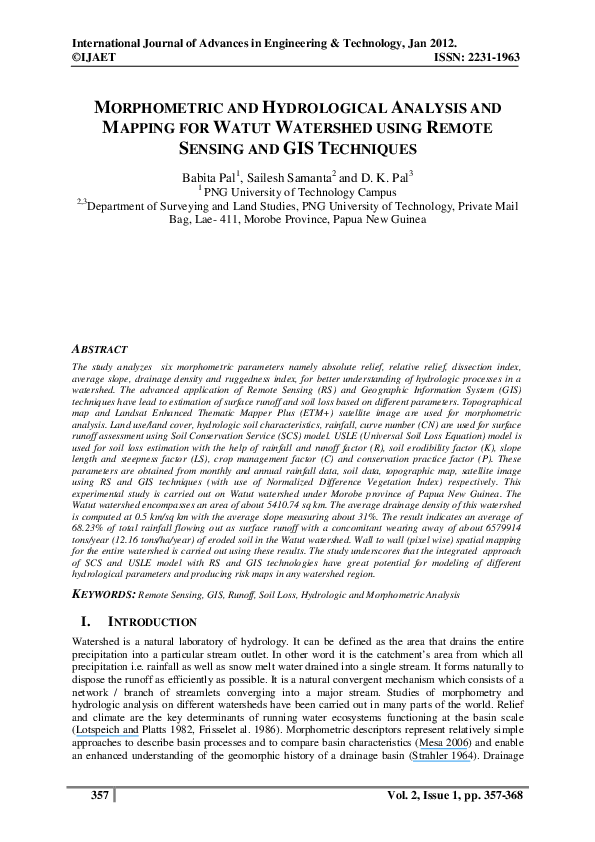 Pdf Morphometric And Hydrological Analysis And Mapping For Watut