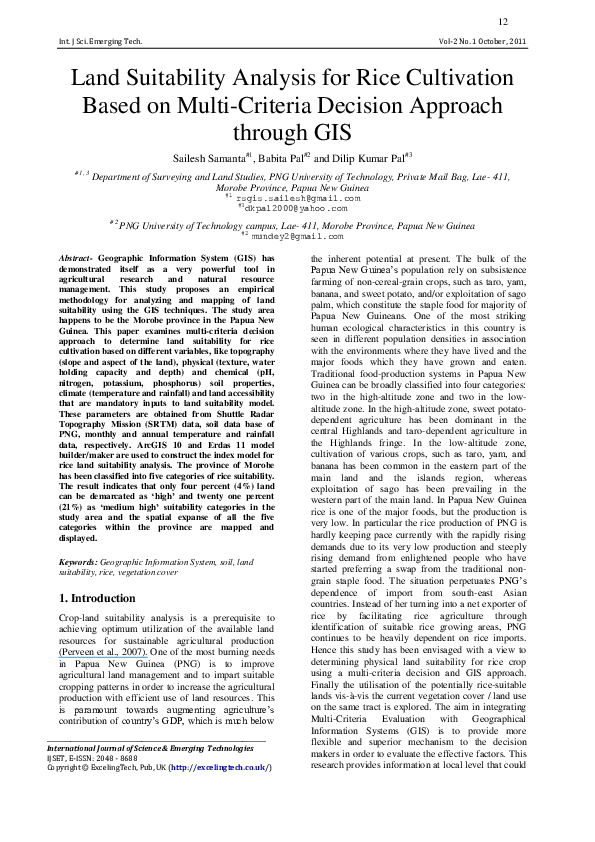(PDF) Land suitability analysis for rice cultivation based on multi ...